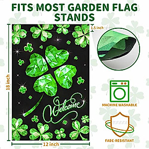 Funux St Patricks Day Garden Flag 12×18 Inch Double Sided Green Shamrock Clover Welcome Small Outside Vertical Holiday Yard Decor