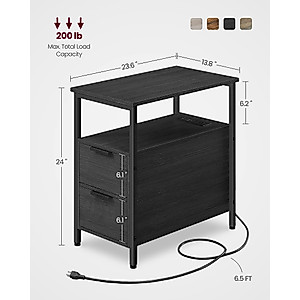 VASAGLE Side Table with Charging Station, Narrow End Table with 2 Drawers, Slim Nightstand and Bedside Table with Storage, for Small Spaces, Black ULET321B22