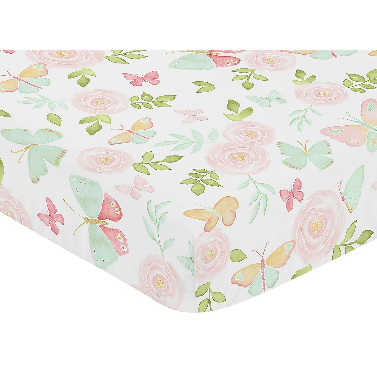 Sweet Jojo Designs Blush Pink, Mint and White Watercolor Rose Baby or Toddler Fitted Crib Sheet for Butterfly Floral Collection