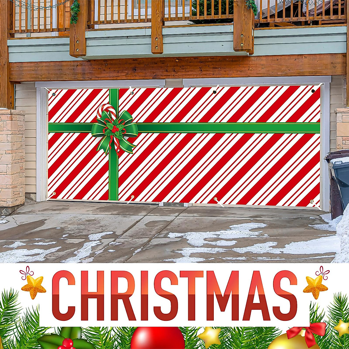 Hosuly 6.6 x 16ft Double Christmas Garage Door Banner Large Merry Christmas Hanging Backdrop Decorations Indoor Outdoor Christmas Garage Door Cover for Xmas Holiday Party (Candy Boxes Style)