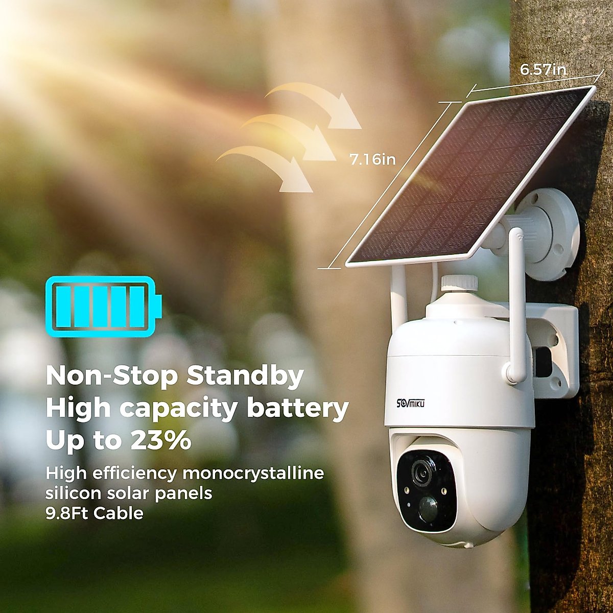 Sovmiku CQ1 AI 2K Solar Security Camera Wireless Outdoor, Battery Powered Cam, Two-Way Audio,PIR Motion Detection, Easy to Setup, Pan/Tilt 360° View,Color Night Vision,Audible Flashlight Siren,SD Slot