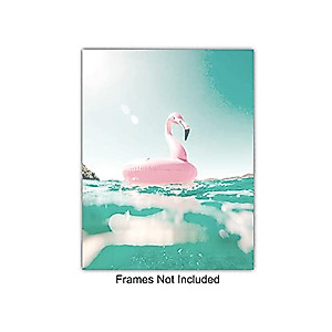 Tropical Summer Wall Art Set - 8x10 Nautical Ocean Poster Prints for Beach House Decor, Home Decoration - Cool Chic Gift - Unframed Nautical Photo Pictures - Flamingo, Palm Tree, Wave, Water