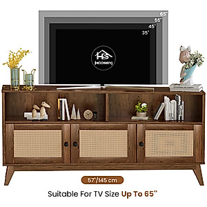 AWQM TV Stand for Living Room, Mid Century Modern TV Console, Rattan Entertainment Center with Storage and Open Shelves, Walnut