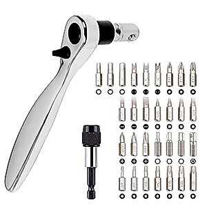 SHARDEN 32 in 1 Ratchet Screwdriver Bit Set with Right Angle Offset 1/4" High Torque Driver Handle, Socket Adapter, Extension Bit Holder, S2 Multi Bits for Ratchet Wrench, Screwdriver