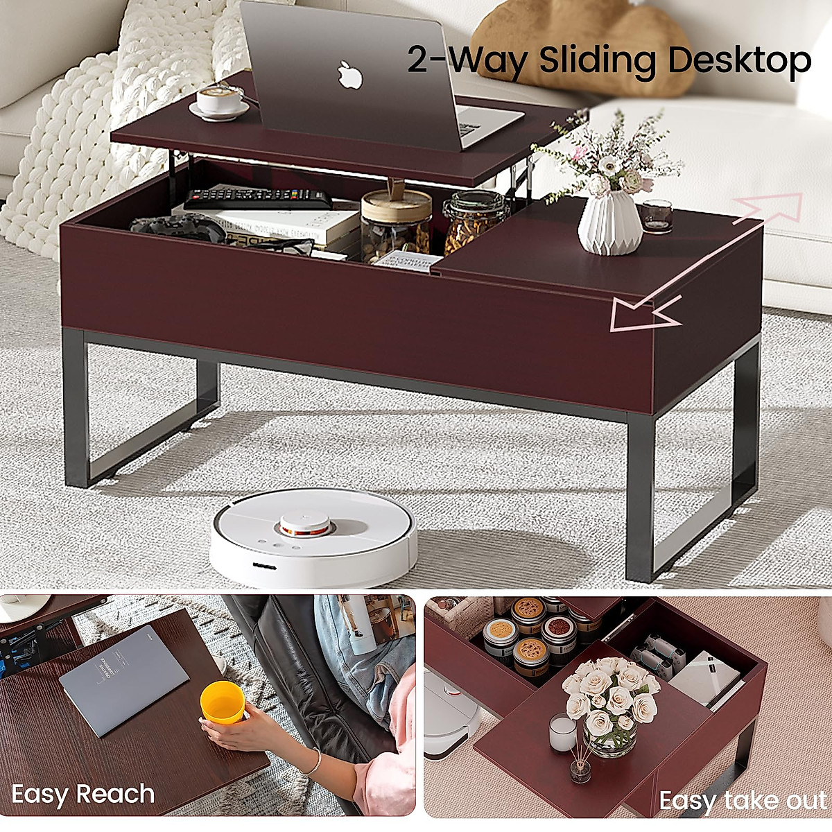 VEELOK Lift Top Coffee Table for Living Room with Hidden Storage Compartment on Rolling Wheels, 3-Way Slide Desktop Drawer Modern Coffee Tables, 43.3" Wood Coffee Table, 440lbs Max Weight, Espresso