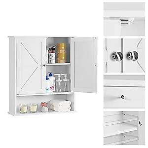 Reettic Two Door Wall Cabinet, Wooden Medicine Cabinet, Wall Mounted Bathroom Storage Cabinet with Inner Adjustable Shelf, for Bathroom, Kitchen, Entryway, White BMGZ103W