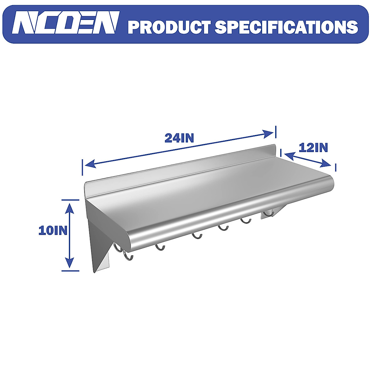 NCOEN"12 * 24" Stainless Steel Shelf with 6 Hooks, 304 Stainless Steel Shelf Wall Mounted for Commercial Restaurant, Kitchen, Home and Bar Stainless Steel Wall Shelf