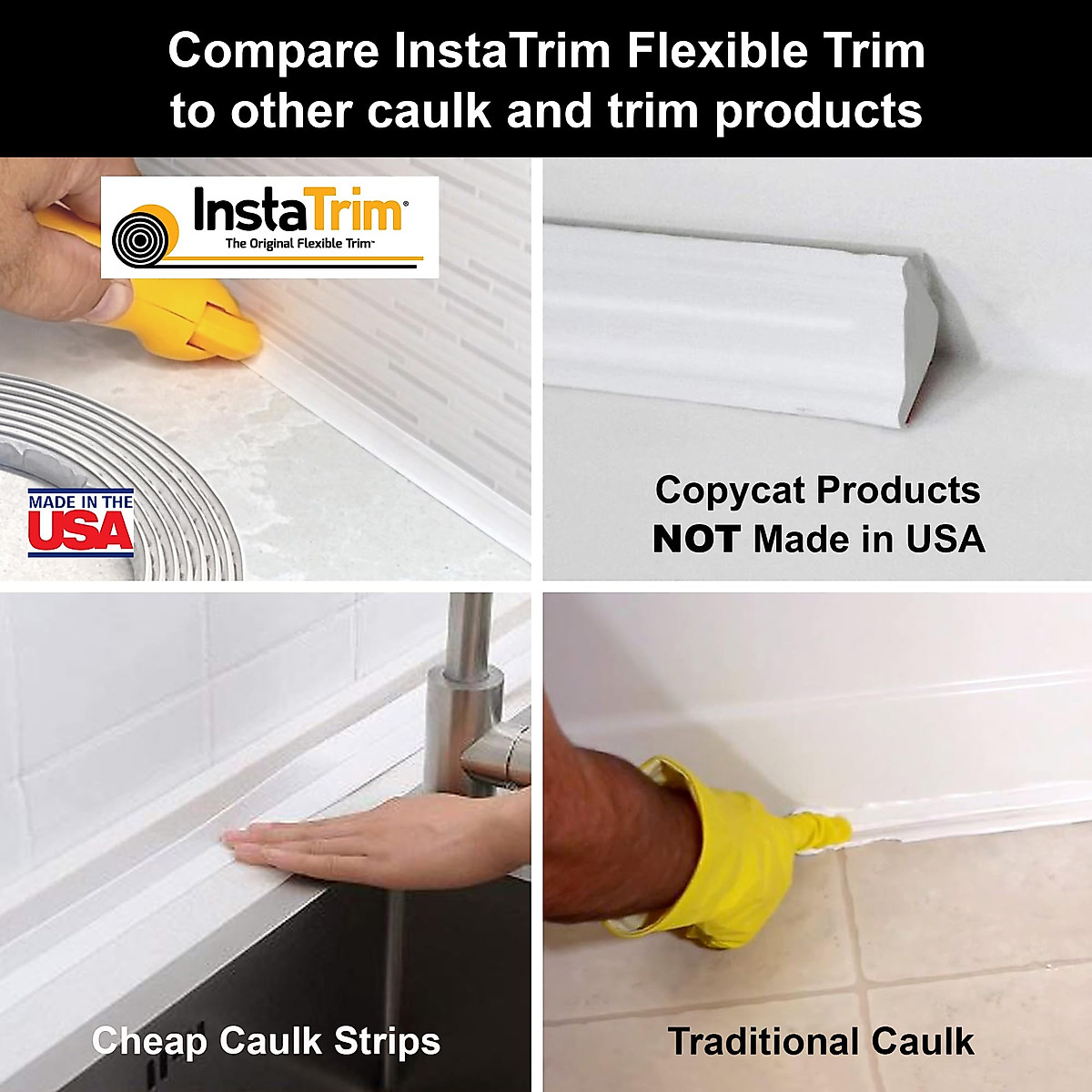 InstaTrim New & Improved Self-Adhesive Caulk Trim, 1/2" x 10', 2-Pack, Flexible, Waterproof, Stain Resistant for Bathroom, Floors, Walls, DIY Project, White