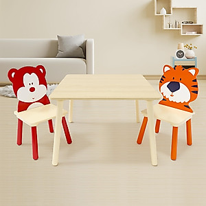 Zacis Kids Table and Chair Set, Wooden Toddler Table Set with 2 Chairs, Children Adorably Animal Activity Table for Reading, Drawing, Eating, Studying, Parent-Child Interaction Activity Play