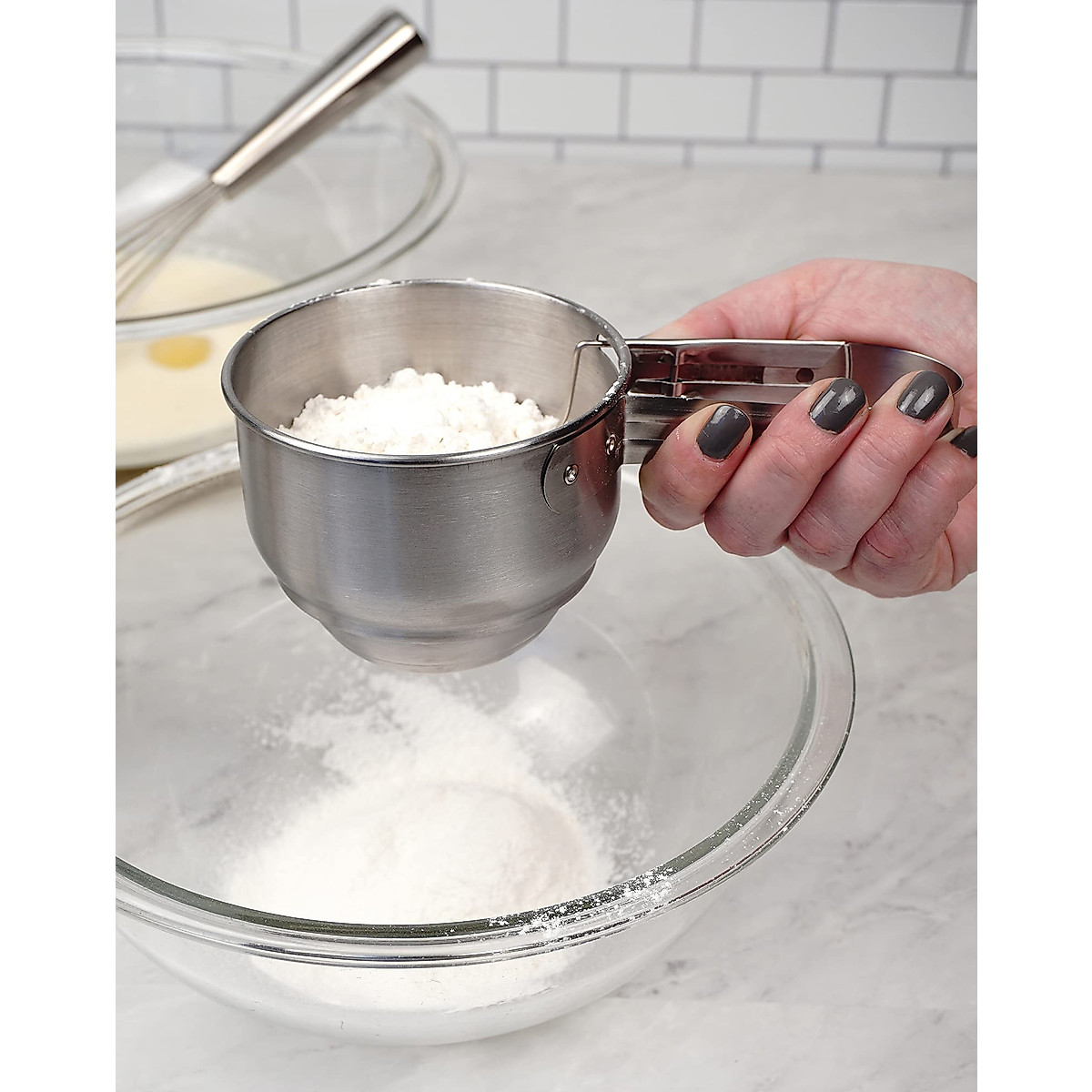 RSVP International Endurance® Stainless Steel Vintage One-Hand Sifter, 1 Cup | Top Cakes, Sift Flour, Marinade BBQ & More | Dishwasher Safe | Powder Sugar, Sift Flour, Spread Toppings & More