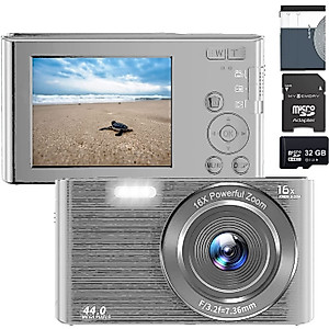eDealz 44MP Digital Camera Compact Point and Shoot Camera with 32GB SD Card, 16X Digital Zoom, Kids Camera 2.4 Inch Screen, Vlogging Camera for Teens Students Boys Girls Seniors (Silver)