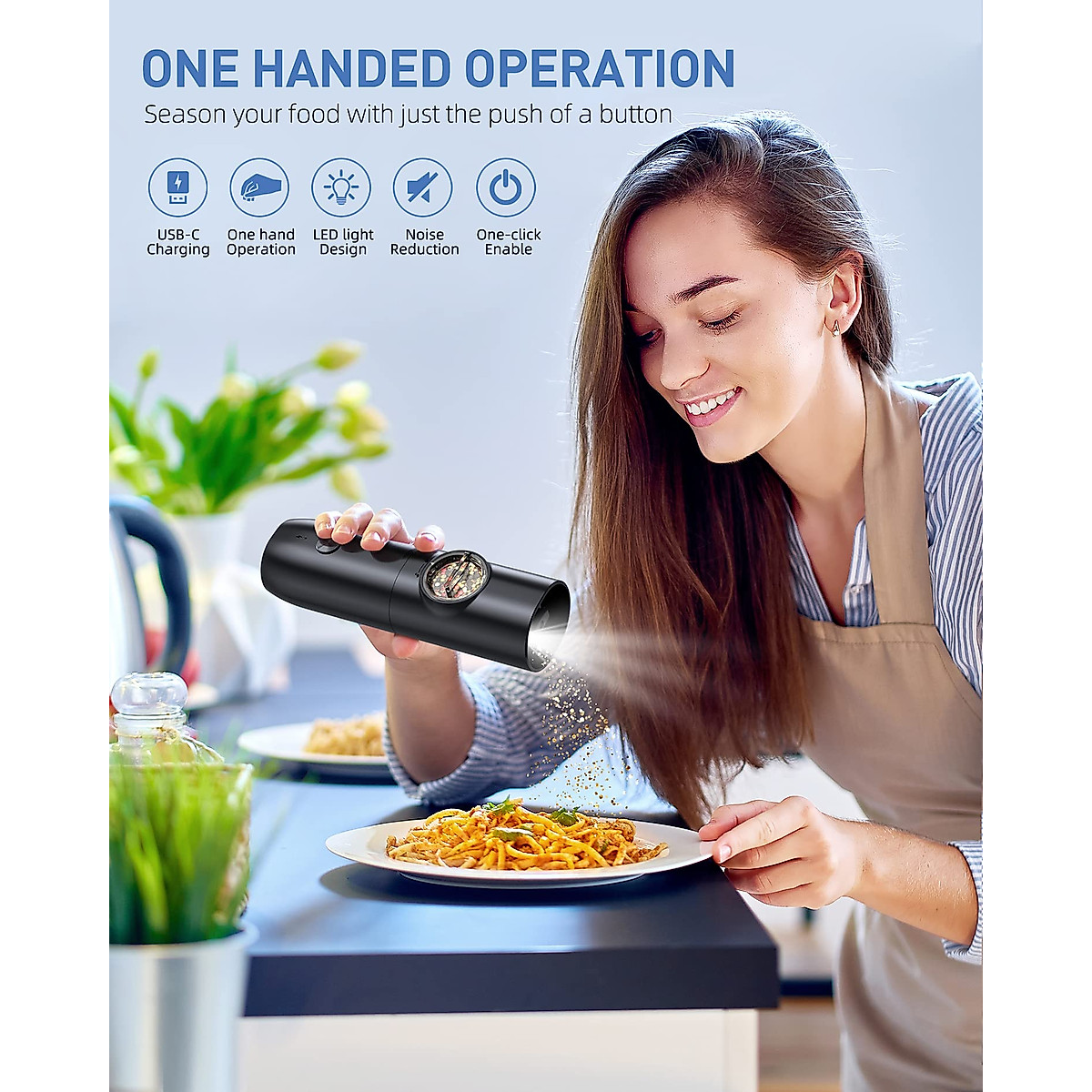 Electric Salt and Pepper Grinder Set - Usb Rechargeable - Automatic Pepper Mill Shaker - Large Capacity - Adjustable Coarseness - Led Light - One Hand Operated, 2 Pack