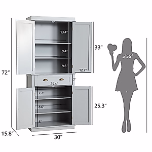 LOUVIXA 72" Kitchen Pantry Storage Cabinet, Freestanding Cupboard with 2 Cabinets, Drawer and Adjustable Shelves, Tall Storage Cabinet for Kitchen, Dinning Room, Living Room, Grey
