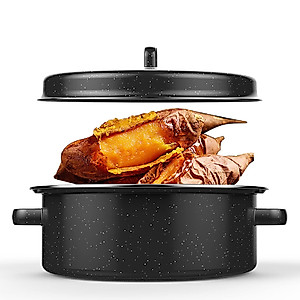 Roasting Pan, Non Stick Enamel Iron Stainless Steel Black Speckled BBQ Pot Roast Pan With Lid, Roasted Sweet Potatoes Chestnuts (Iron Cover 26cm)