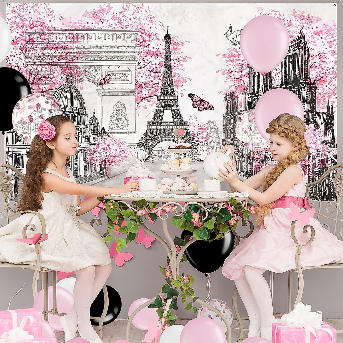 76 Pcs Paris Party Supplies Set Pink Paris Theme Party Decoration Eiffel Tower Party Backdrop White Pink Black Balloon Arch Garland Kit for Kid Boy Girl Birthday Decoration