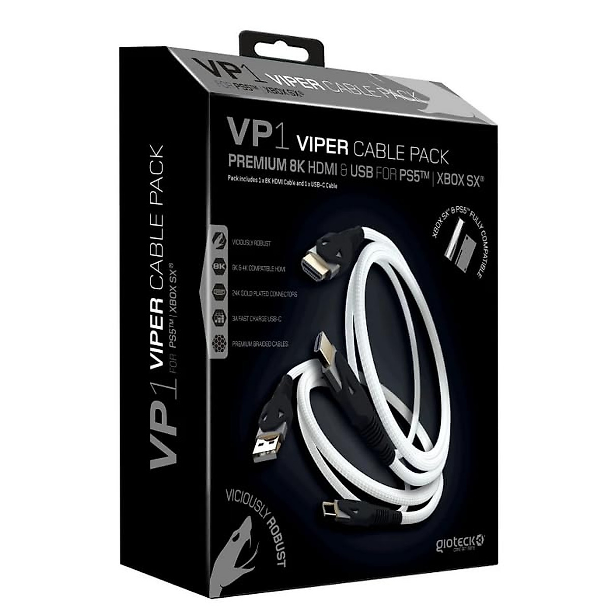 Gioteck Viper Pack - Gaming Cable HDMI PS5/Xbox Series x Premium 2.1 8K and USB C Fast Charge, 3 m Nylon Cable with 24K Connectors - Compatible with PS4/PS5/Xbox One/Series/PC - White