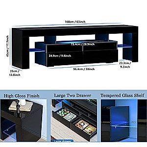 HAKFOO Modern LED TV Stand for 70/65/55 inch TV, Modern Entertainment Center with 1-2 Storage Drawers, High Gloss TV Cabinet,Television Stand for Living Room,APP/Remote RGB Light (Black 1, 63inch)