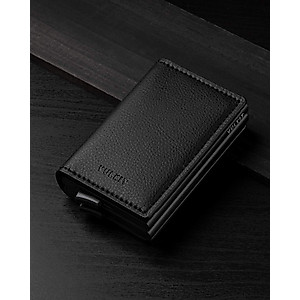 VULKIT Pop Up Wallet Automatic Leather Slim Credit Card Holder RFID Blocking Metal Double Card Case for Men and Women Black