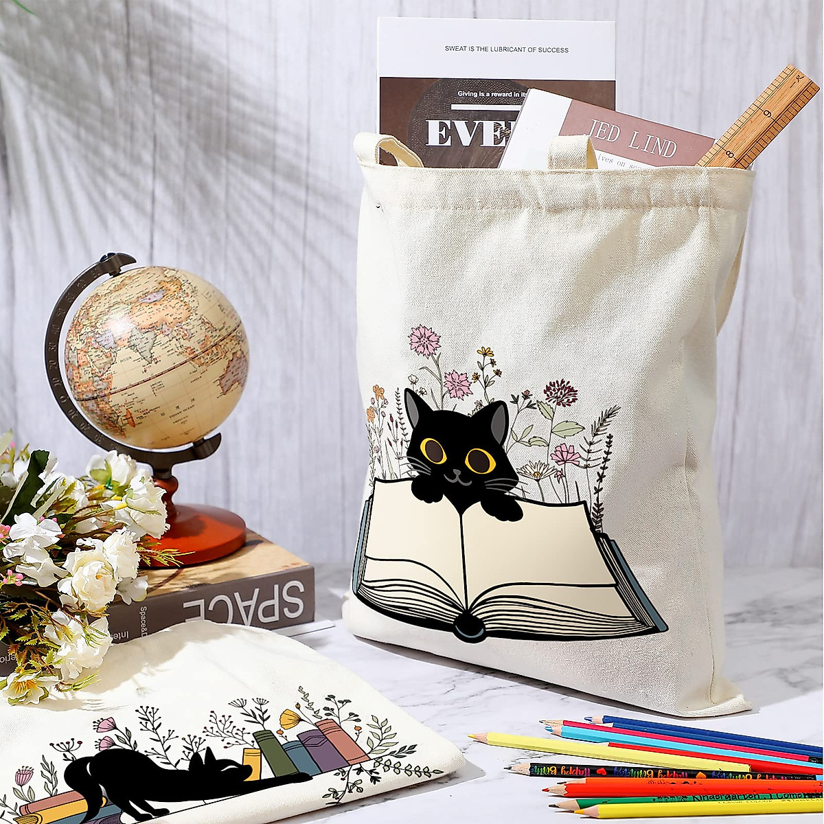 Silkfly 6 Pcs Book Lovers Gifts Aesthetic Canvas Book Tote Bag with Interior Pocket Cute Tote Bag Reusable Shopping Bags(Cat)