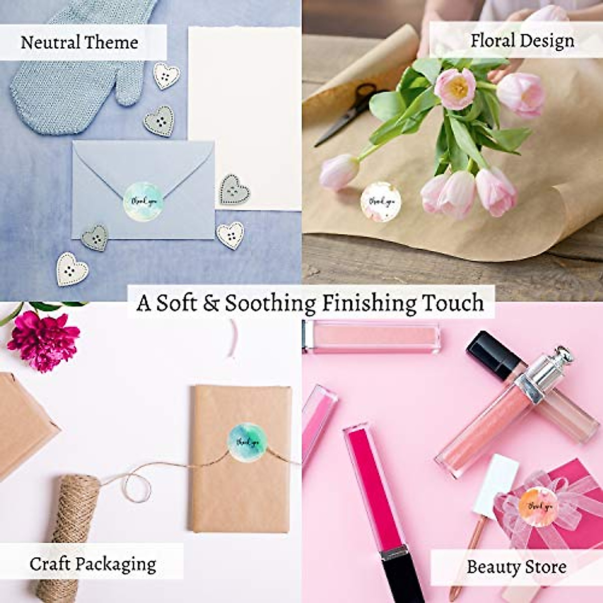 Mobiusea Party Thank You Stickers Roll | Elegant Water Color with Gold Foil |1.5 inch | Waterproof | 500 Labels for Small Business, Floral Designer, Artist | 4 Watercolor Designs