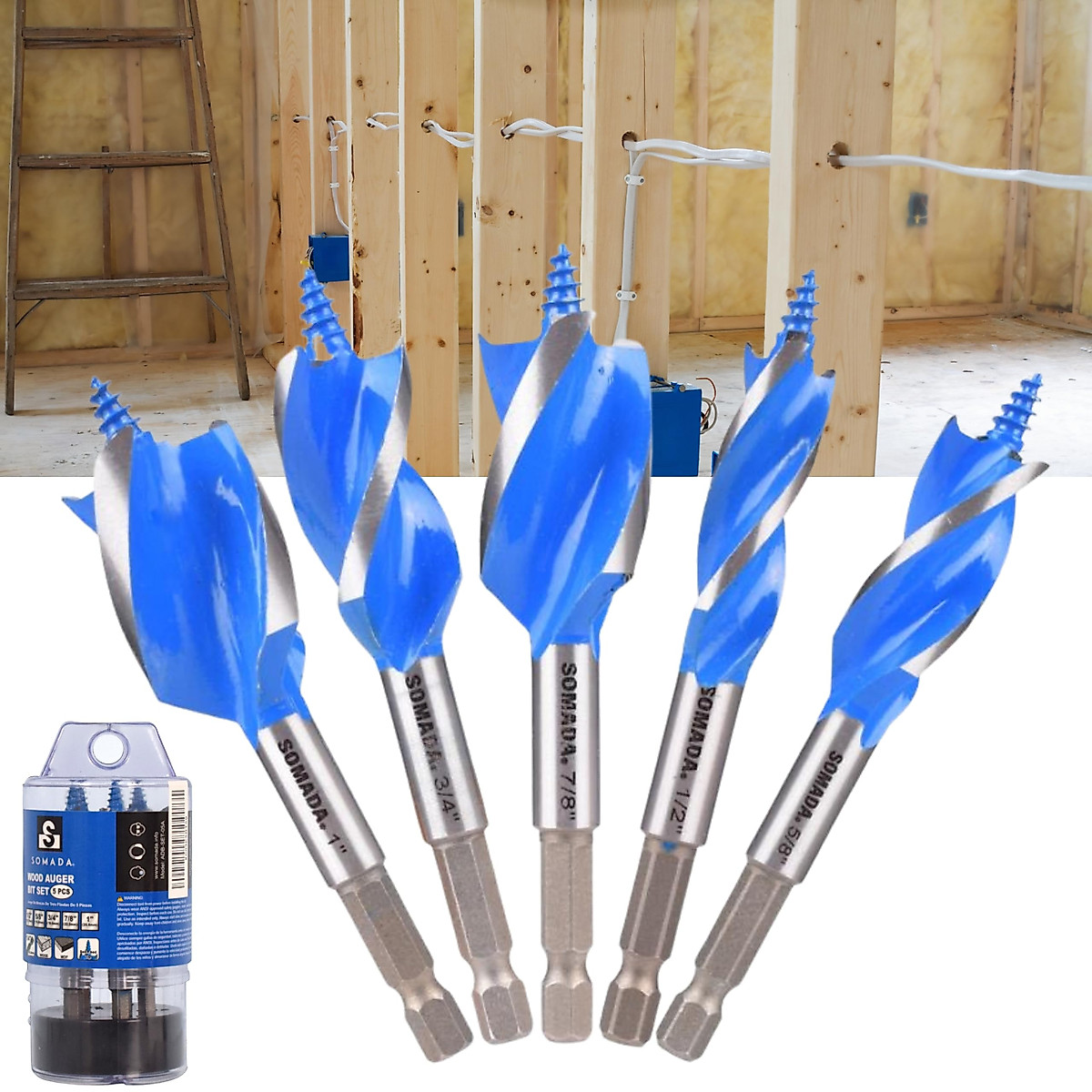 SOMADA Auger Drill Bit Set for Wood, 5-Piece, 1/2", 5/8", 3/4", 7/8" and 1" Inch Size, 4-Inch Long with Storage Case, Impact Wood Auger Set with Quick Change