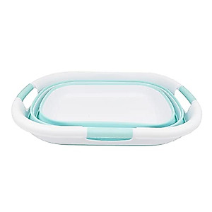 SAMMART 40L (10.5 gallon) Collapsible Plastic Laundry Basket - Foldable Pop Up Storage Container/Organizer - Portable Washing Tub - Space Saving Hamper/Basket (White/Lake Green)