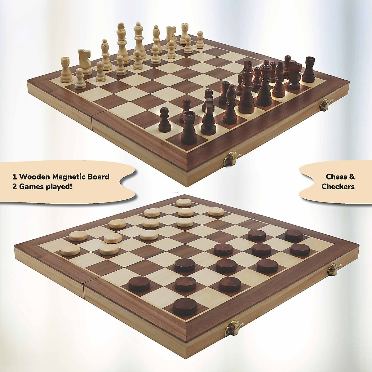 Funshpiel Magnetic Wood Checkers and Chess Set – Premium Handcrafted Chess Board Set with 2 Extra Queens, Chess and Checkers Set for Kids and Adults, Compact and Foldable Design, 15-inch Board Games