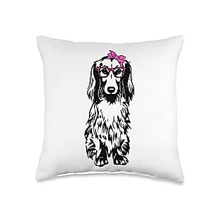 Longhaired Dachshund Mom Dog messy bun tee Longhaired Dachshund Dog with Bandana Glasses Throw Pillow, 16x16, Multicolor