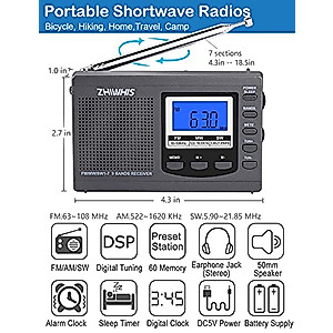 Portable Radio, ZHIWHIS AM FM Shortwave Radios with Best Reception, Battery Operated Clock Radio with Preset Function, Alarm Clock Digital Tuner with Sleep Timer