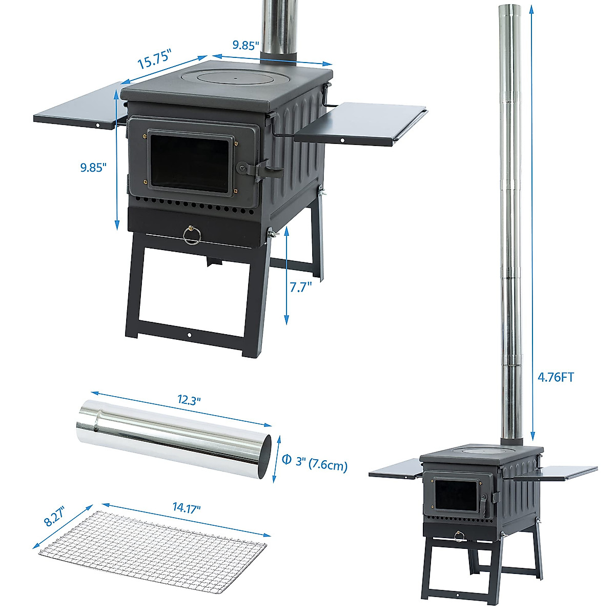 PMNY Wood Burning Stove, Hot Tent Stove Kit with Chimney Pipes, Side Racks and View Window, Multipurpose Camping Stove for Tent, Shelter, Heating and Cooking