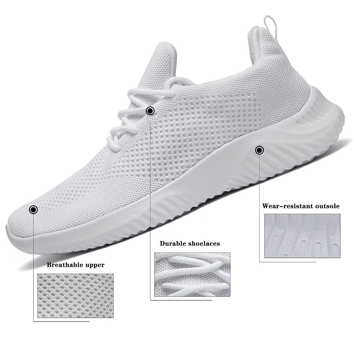 Mens Slip-on Tennis Shoes Walking Running Sneakers Lightweight Breathable Casual Soft Sole Mesh Work Gym Trainers White