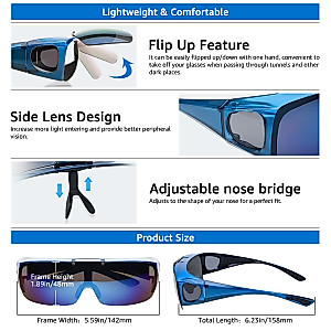 TINHAO Mens Polarized Flip Up Fitover Sunglasses with Mirrored Lenses (Blue, Blue)