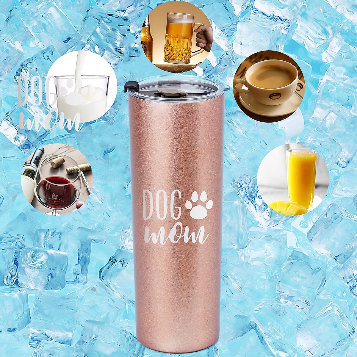 JNSMFC Dog Mom Cups for Women,Dog Mom Gifts Tumbler for Mother’s Day Birthday,Dog Mom Themed Gifts Travel Mug for Dog Lovers,20 Oz Insulated Stainless Steel Travel Cups with Lid and Straw,Rose gold