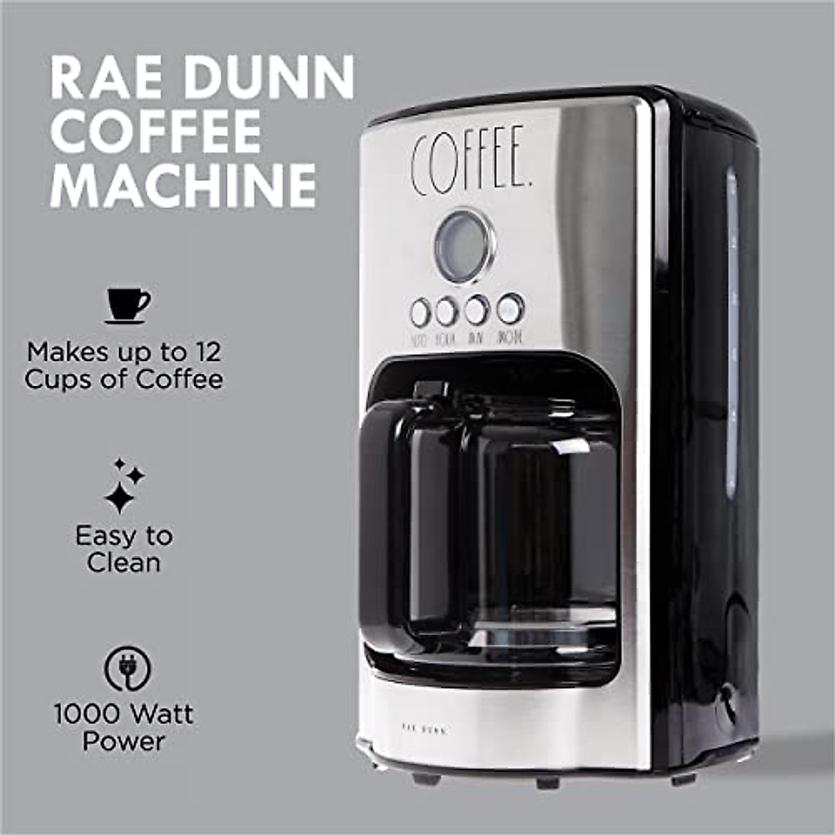 Rae Dunn Programmable Drip Coffee Maker, Coffee Pot for Kitchen, Electric Coffee Machine for Brewing Coffee, Black