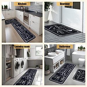 Voanos Black and White Kitchen Rugs,Non Skid Washable Microfiber mats for Kitchen Floor, Kitchen Rules Theme Kitchen Cushioned Runner Rug Decor Sets of 2,Size 17"x 47"+17"x 30"