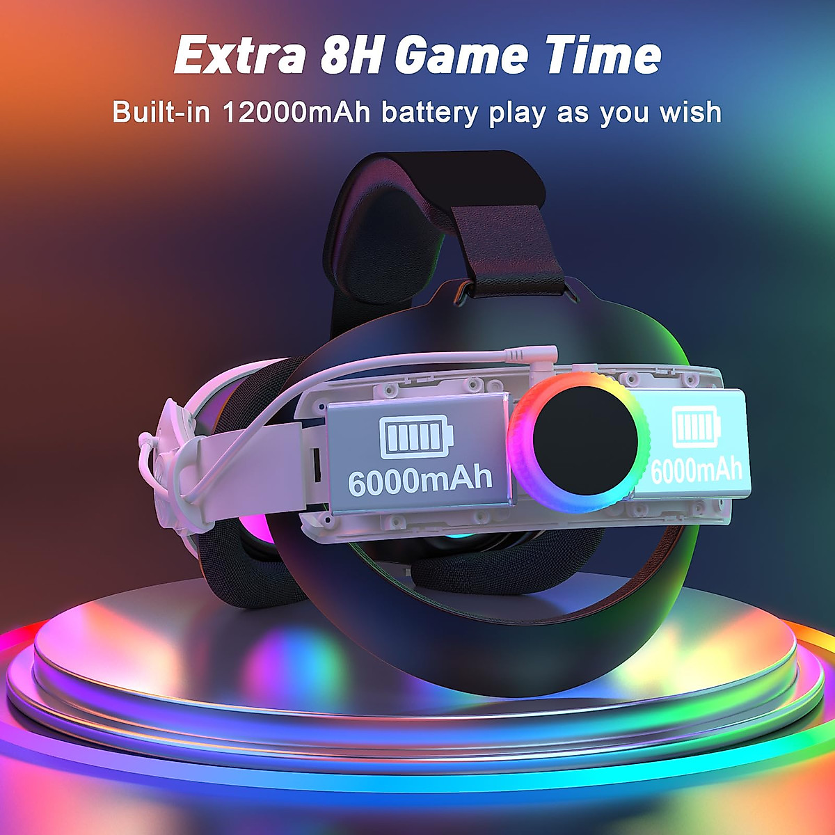 BROKELIT RGB Head Strap with Battery for Meta Quest 3S/Quest 3, 12000mAh Battery Pack for Extended 8H of Playtime, Fast Charging VR Power, Adjustable Elite Strap Enhanced Support and Balance in VR