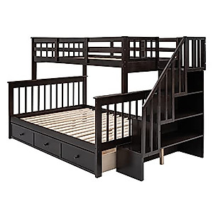 MERITLINE Twin Over Full Bunk Bed with Stairs, Wood Bunk Bed Frame with Storage Drawers and Shelves, No Box Spring Needed (Espresso)