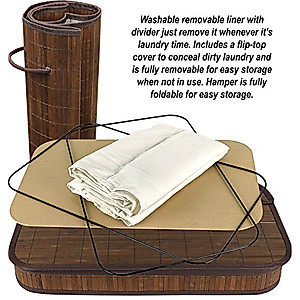 Greenco Bamboo Foldable Double Hamper, Flip-top Lid, Side Rope Carrying Handles and Inner Liner with Divider- Espresso, brown