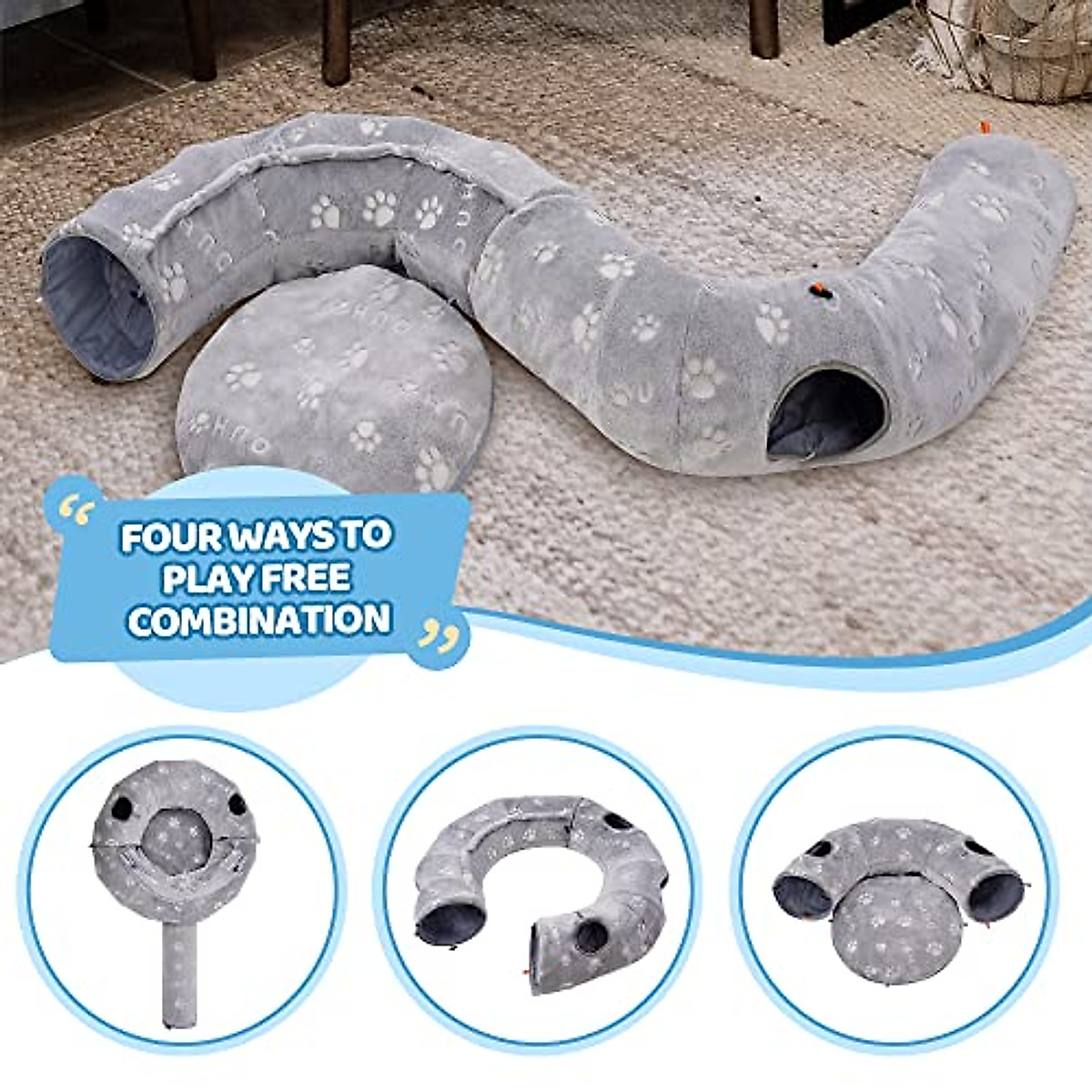 OUHOU Cat Tunnel Bed Tube with Plush Cover, Cat Tunnels for Indoor Cats, 3 Hanging Balls and 4 Peephole, Collapsible Self-Luminous Flannel Fabric for Large Cats, Bunny, Puppy