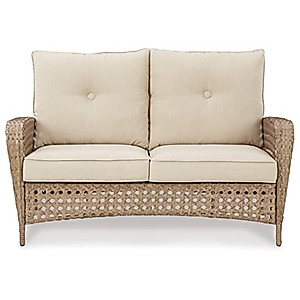 Signature Design by Ashley Braylee Outdoor 2 Piece Patio Driftwood Resin Wicker Cushioned Loveseat and Table, Rustic