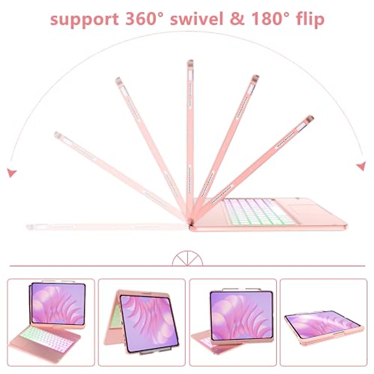 Keyboard Case for iPad Air 13 inch (M2) 2024, Touch iPad 12.9 inch 4th 3rd Generation Case with Keyboard 2020/2018,7 Colors Backlits Keyboard with Trackpad,Magic 360° Rotatable,Pencil Holder-Rose Gold