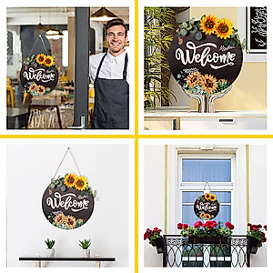 DZH Enjoy Sunflower Welcome Sign Front Door Wreaths Rustic Round Wood Farmhouse Wreath for Home Decor Bedroom Yard Garden Indoor Outdoor Wall Décor