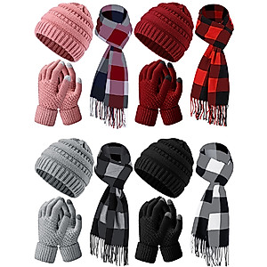 Zhehao 12 Pcs Winter Beanie Hat Scarf Gloves Set Including Knit Beanie Hat Warm Long Scarf Touch Screen Gloves for Women Men(Classic Colors, Plaid)