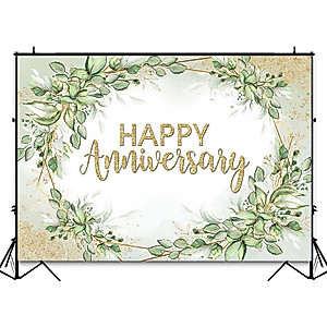 Avezano Happy Anniversary Backdrop Sage Green Leaves Happy Anniversary Banner Cheers to Marriage Wedding Anniversary Party Decorations Memorial Portrait Photo Booth Background (7x5ft)