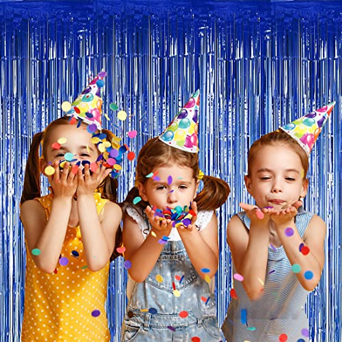 Muhome Blue Foil Fringe Curtain, 2PCS 3.28FT x 8.2FT Metallic Tinsel Door Curtains Photo Booth Backdrop for Wedding Birthday Bridal Shower Baby Shower Bachelorette Disco Dancing Party Decorations