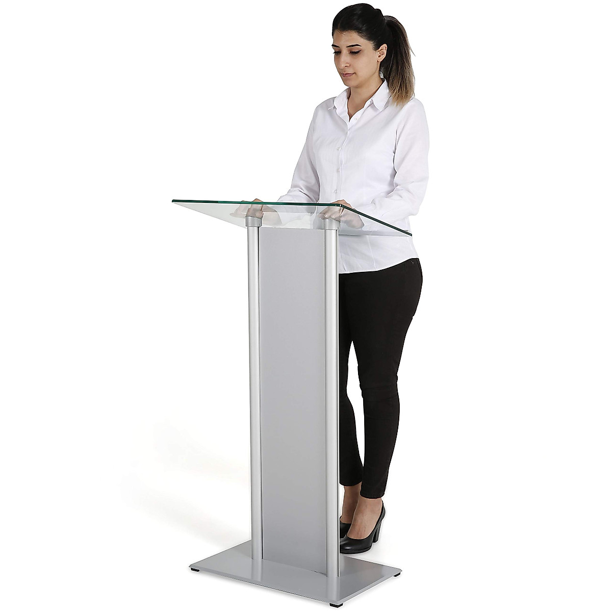 M&T Displays Tempered Clear Glass Conference Podium Stand with Aluminum Front Panel Silver Aluminum Body and Base 43.9 Inch Height Floor Standing Lectern Pulpit Desk for Classroom Church