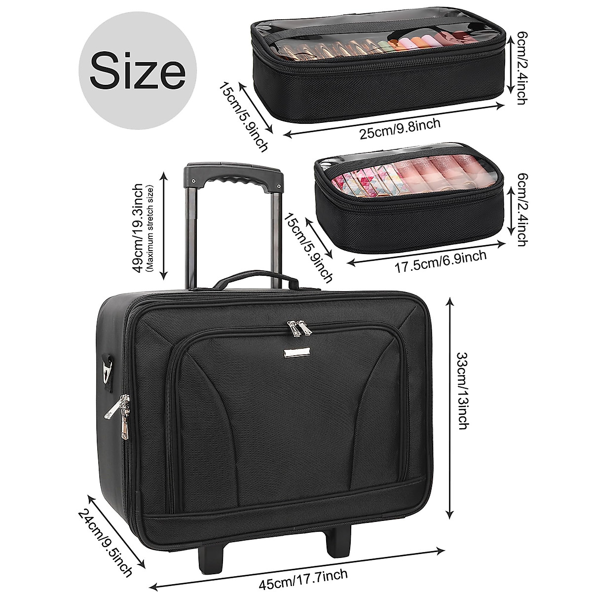 MONSTINA Rolling Makeup Train Case,Trolley Cosmetic Case,3-Layer Cosmetic Organizer,Extra Large Makeup Travel Bag for Hairstylist, Trolley Travel Hairdressing Case with Adjustable Divider(Black)