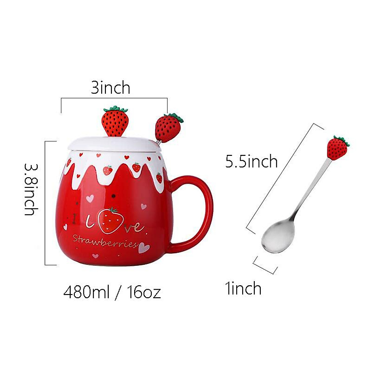 Mozacona Ceramic Mug Strawberry Love Coffee Cup Water Cup with Strawberry Lid and Spoon