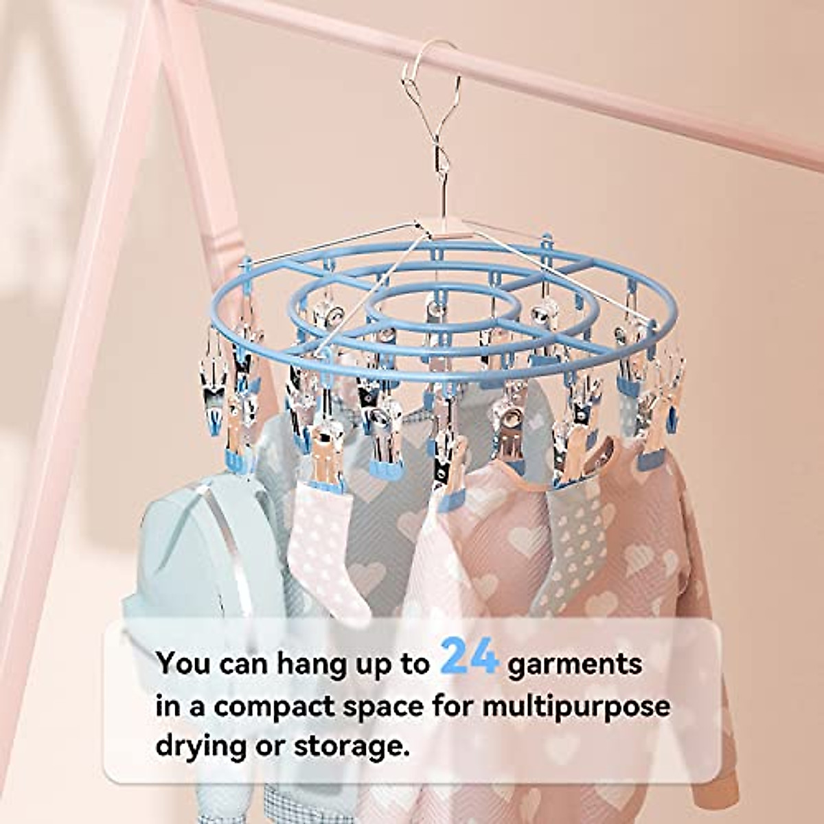 Funamily Clothes Drying Rack,Stainless Steel Laundry Drip Hanger with 24 Clips, Heavy Duty Round Swivel Windproof Hook Underwear Hanger for Drying Towel, Bras, Sock,Lingerie, Baby Clothes (Blue)