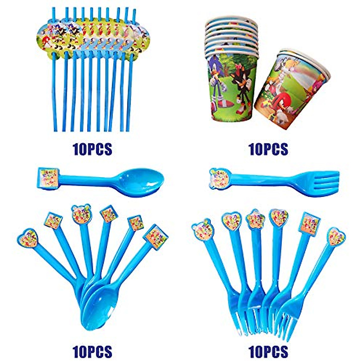 JLSMAO Sonic The Hedgehog Party Supplies, Sonic The Hedgehog Flatware, Plates, Paper Cups, Straws, Napkins, Spoons, Fork, Tablecloth Party Decorations Kids Shower Birthday Party Favors Set. (Blue)